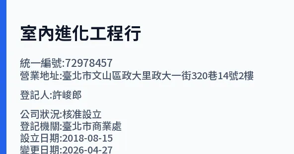 室內進化工程行的照片-統編 72978457(臺北市) 公司登記資料與營業項目詳細圖表