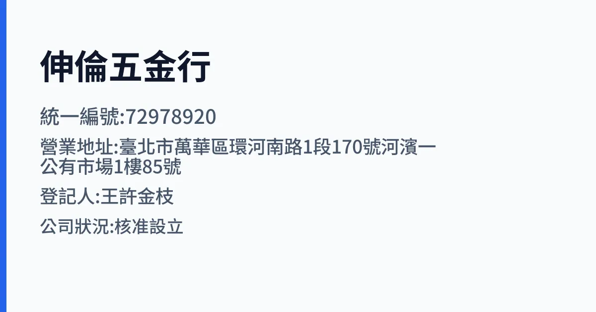 伸倫五金行 - 統編 72978920(臺北市) 公司登記資料與營業項目詳細圖表