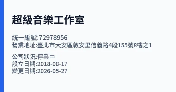超級音樂工作室的照片-統編 72978956(臺北市) 公司登記資料與營業項目詳細圖表