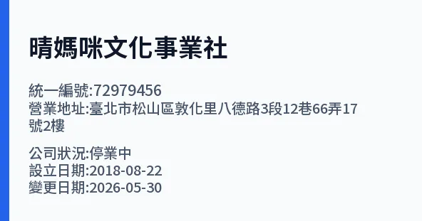 晴媽咪文化事業社的照片-統編 72979456(臺北市) 公司登記資料與營業項目詳細圖表