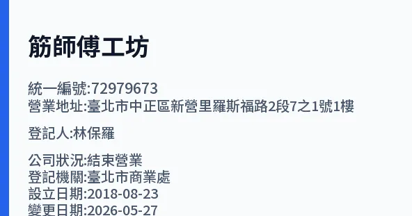 筋師傅工坊的照片-統編 72979673(臺北市) 公司登記資料與營業項目詳細圖表