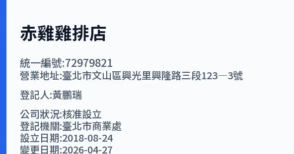 赤雞雞排店的照片-統編 72979821(臺北市) 公司登記資料與營業項目詳細圖表