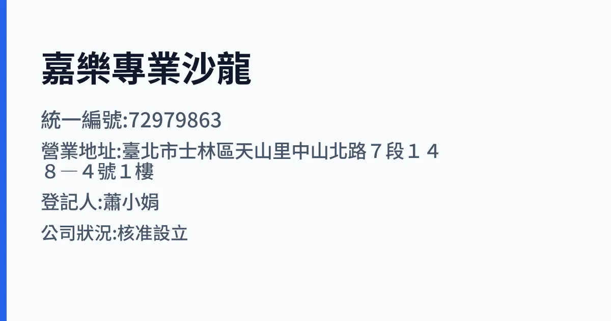 嘉樂專業沙龍 - 統編 72979863(臺北市) 公司登記資料與營業項目詳細圖表