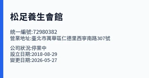 松足養生會館的照片-統編 72980382(臺北市) 公司登記資料與營業項目詳細圖表