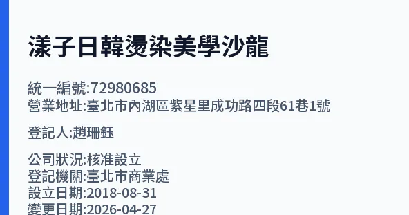 漾子日韓燙染美學沙龍的照片-統編 72980685(臺北市) 公司登記資料與營業項目詳細圖表