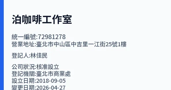 泊咖啡工作室的照片-統編 72981278(臺北市) 公司登記資料與營業項目詳細圖表