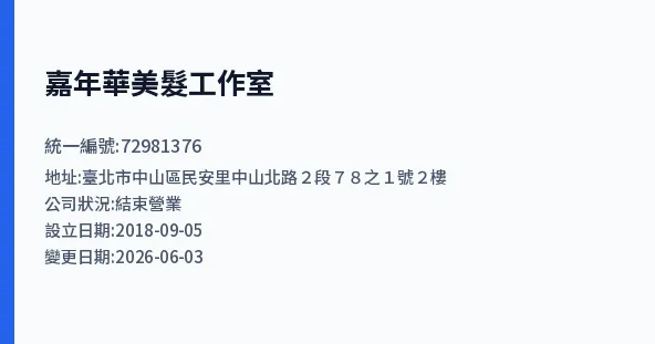 嘉年華美髮工作室的照片-統編 72981376(臺北市) 公司登記資料與營業項目詳細圖表