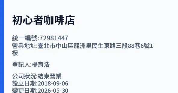 初心者咖啡店的照片-統編 72981447(臺北市) 公司登記資料與營業項目詳細圖表