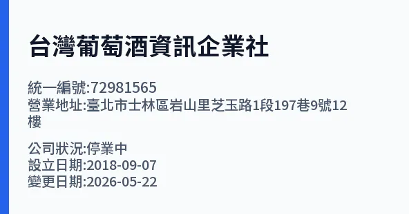 台灣葡萄酒資訊企業社的照片-統編 72981565(臺北市) 公司登記資料與營業項目詳細圖表