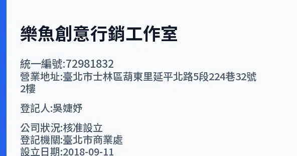 樂魚創意行銷工作室的照片-統編 72981832(臺北市) 公司登記資料與營業項目詳細圖表
