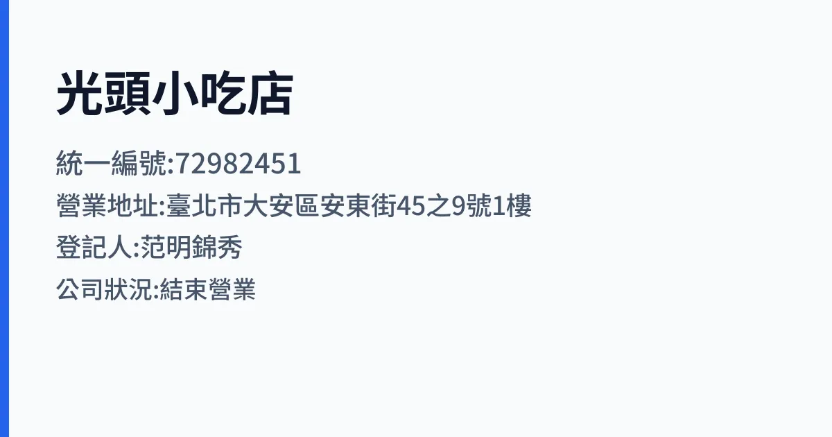 光頭小吃店 - 統編 72982451(臺北市) 公司登記資料與營業項目詳細圖表