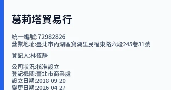 葛莉塔貿易行的照片-統編 72982826(臺北市) 公司登記資料與營業項目詳細圖表