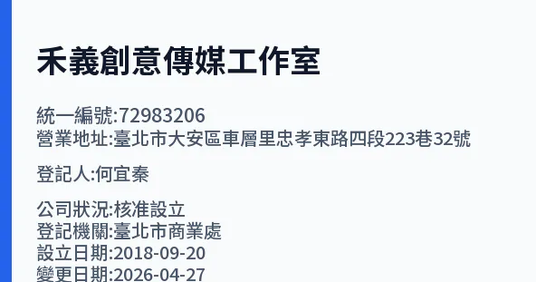 禾義創意傳媒工作室的照片-統編 72983206(臺北市) 公司登記資料與營業項目詳細圖表