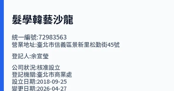 髮學韓藝沙龍的照片-統編 72983563(臺北市) 公司登記資料與營業項目詳細圖表