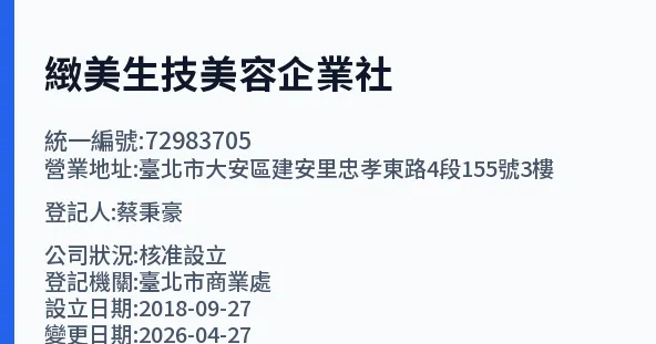 緻美生技美容企業社的照片-統編 72983705(臺北市) 公司登記資料與營業項目詳細圖表