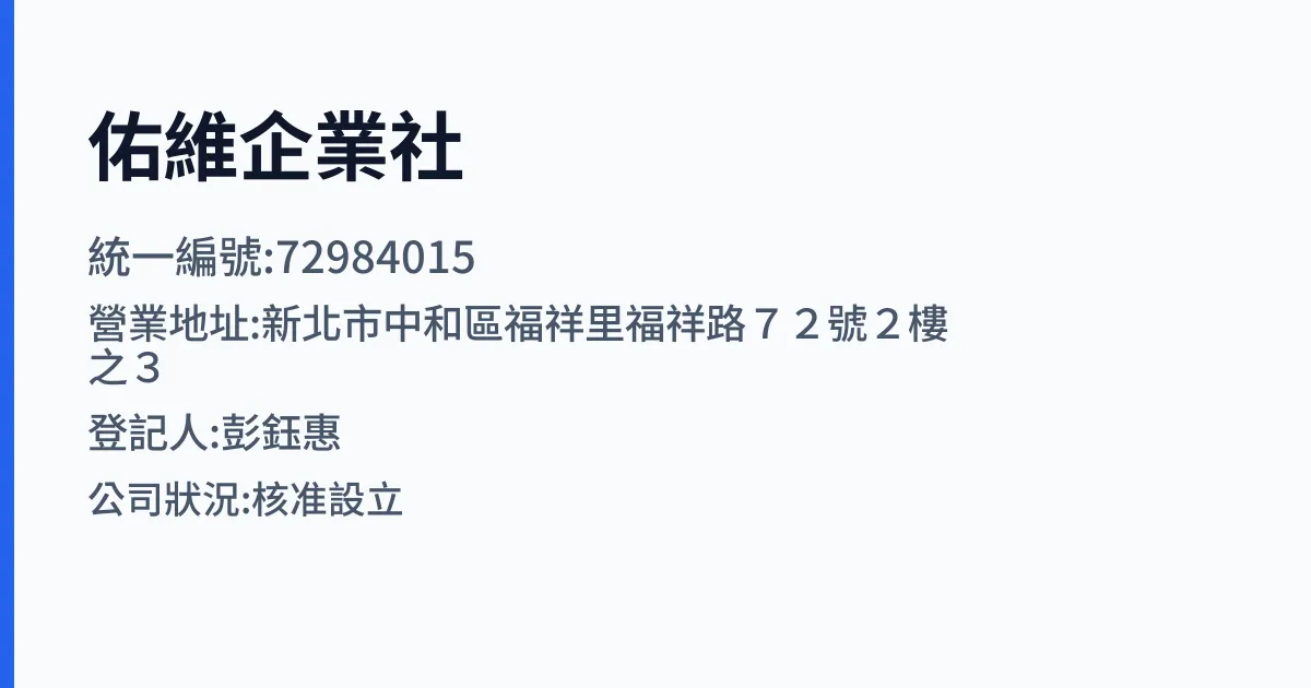 佑維企業社 - 統編 72984015(新北市) 公司登記資料與營業項目詳細圖表
