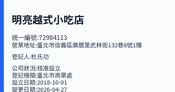 明亮越式小吃店的照片-統編 72984113(臺北市) 公司登記資料與營業項目詳細圖表