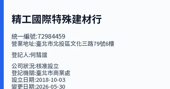 精工國際特殊建材行的照片-統編 72984459(臺北市) 公司登記資料與營業項目詳細圖表
