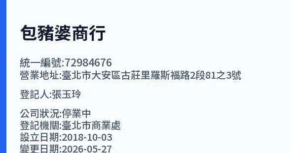 包豬婆商行的照片-統編 72984676(臺北市) 公司登記資料與營業項目詳細圖表