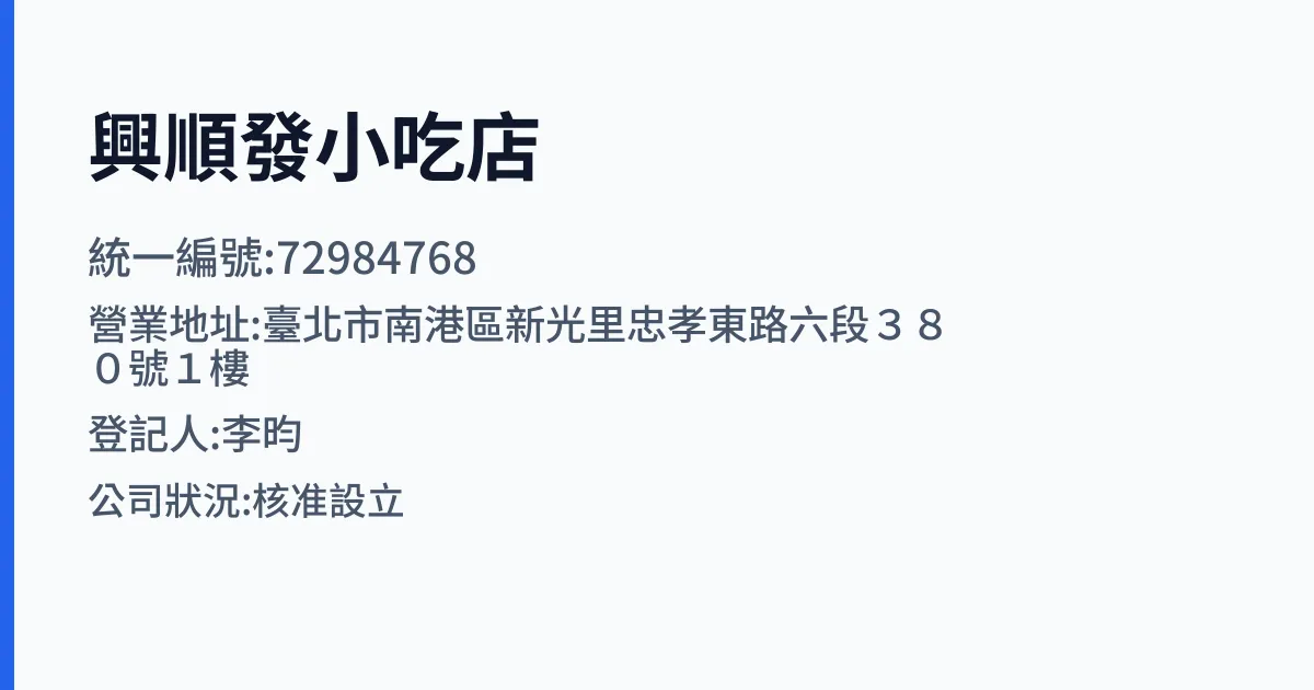 興順發小吃店 - 統編 72984768(臺北市) 公司登記資料與營業項目詳細圖表