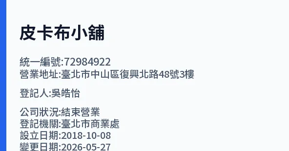 皮卡布小舖的照片-統編 72984922(臺北市) 公司登記資料與營業項目詳細圖表