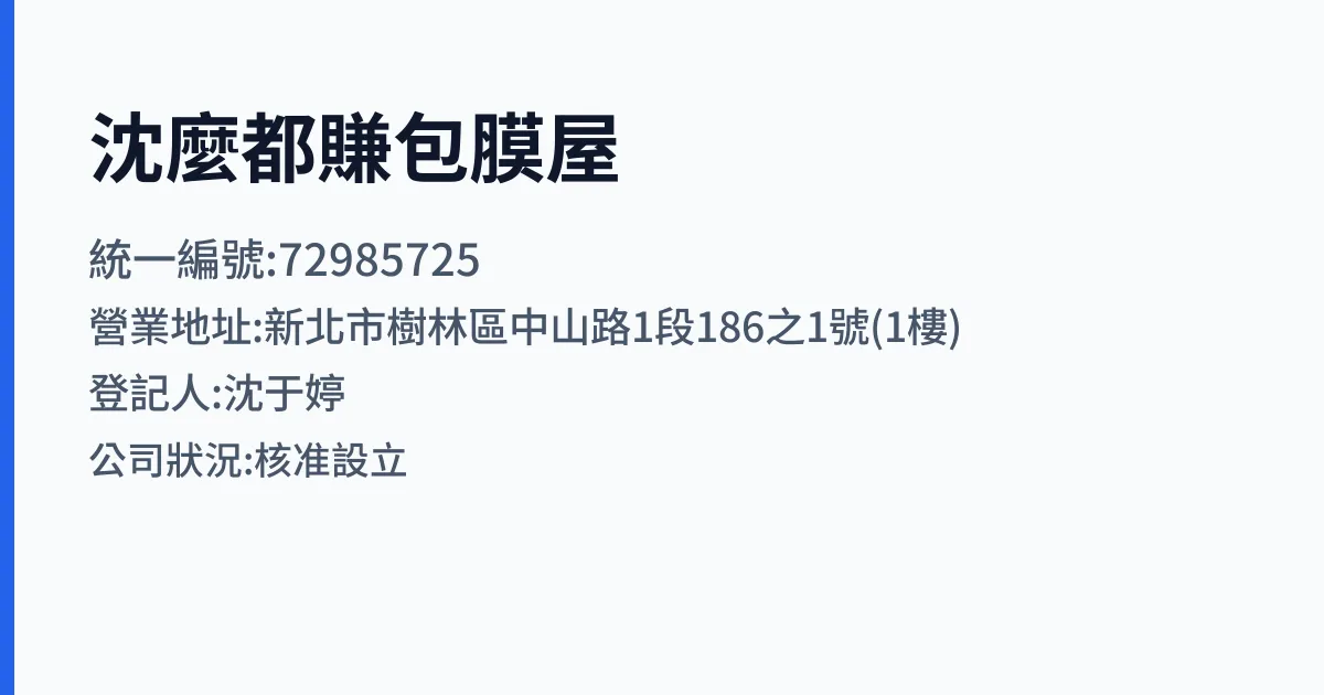 沈麼都賺包膜屋 - 統編 72985725(臺北市) 公司登記資料與營業項目詳細圖表