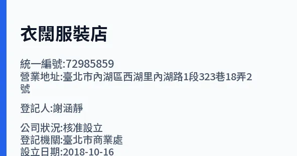 衣闊服裝店的照片-統編 72985859(臺北市) 公司登記資料與營業項目詳細圖表