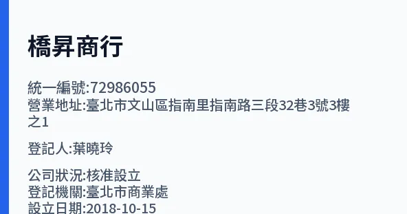 橋昇商行的照片-統編 72986055(臺北市) 公司登記資料與營業項目詳細圖表