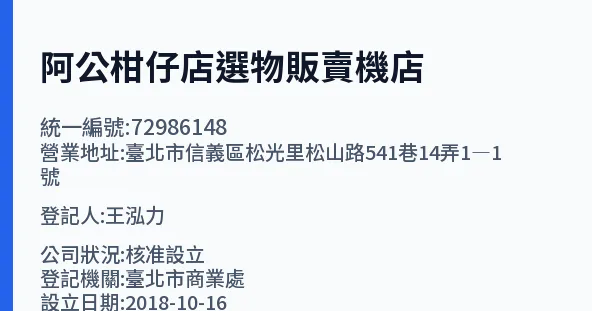 阿公柑仔店選物販賣機店的照片-統編 72986148(臺北市) 公司登記資料與營業項目詳細圖表