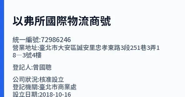 以弗所國際物流商號的照片-統編 72986246(臺北市) 公司登記資料與營業項目詳細圖表