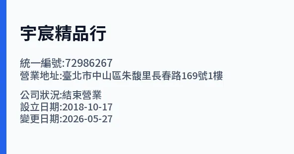 宇宸精品行的照片-統編 72986267(臺北市) 公司登記資料與營業項目詳細圖表
