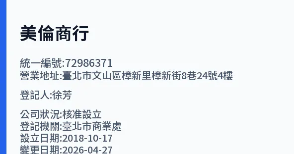 美倫商行的照片-統編 72986371(臺北市) 公司登記資料與營業項目詳細圖表