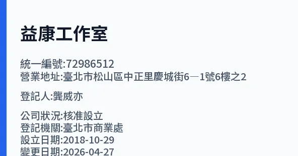 益康工作室的照片-統編 72986512(臺北市) 公司登記資料與營業項目詳細圖表
