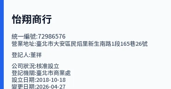 怡翔商行的照片-統編 72986576(臺北市) 公司登記資料與營業項目詳細圖表