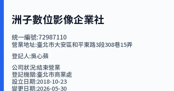 洲子數位影像企業社的照片-統編 72987110(臺北市) 公司登記資料與營業項目詳細圖表