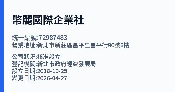 幣麗國際企業社的照片-統編 72987483(新北市) 公司登記資料與營業項目詳細圖表