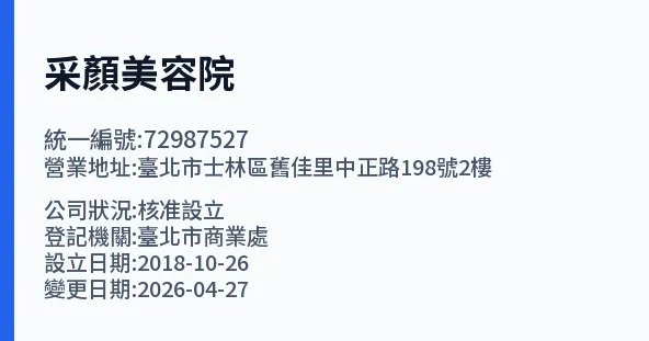 采顏美容院的照片-統編 72987527(臺北市) 公司登記資料與營業項目詳細圖表