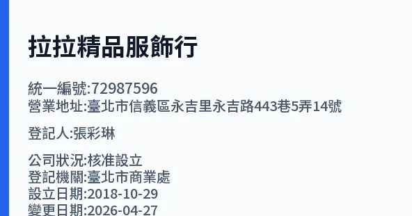 拉拉精品服飾行的照片-統編 72987596(臺北市) 公司登記資料與營業項目詳細圖表