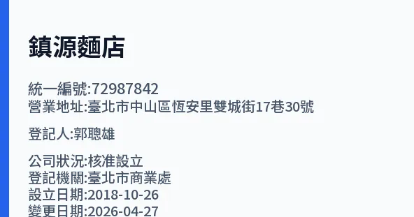 鎮源麵店的照片-統編 72987842(臺北市) 公司登記資料與營業項目詳細圖表
