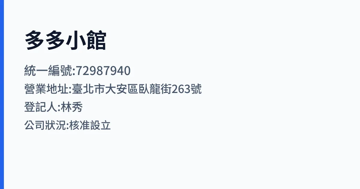 多多小館 - 統編 72987940(臺北市) 公司登記資料與營業項目詳細圖表