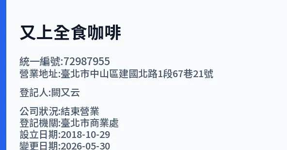 又上全食咖啡的照片-統編 72987955(臺北市) 公司登記資料與營業項目詳細圖表