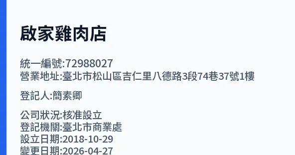 啟家雞肉店的照片-統編 72988027(臺北市) 公司登記資料與營業項目詳細圖表