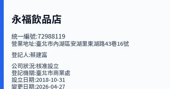 永福飲品店的照片-統編 72988119(臺北市) 公司登記資料與營業項目詳細圖表