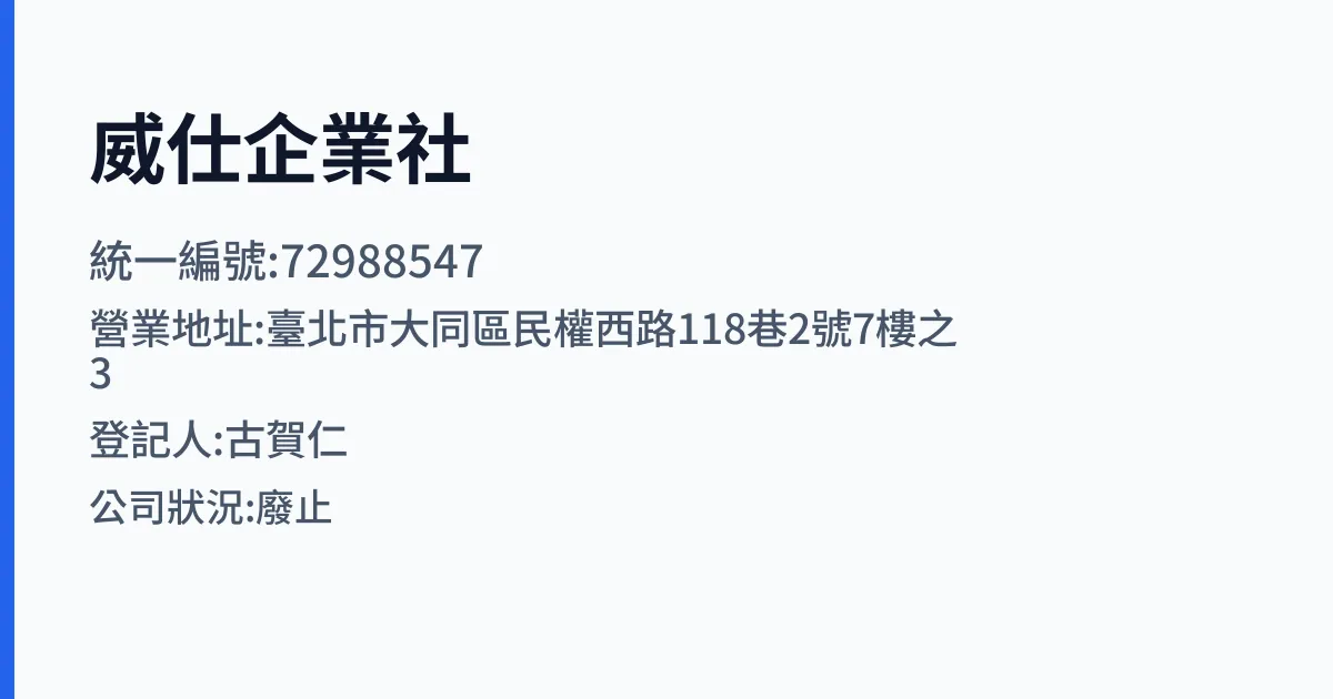 威仕企業社 - 統編 72988547(臺北市) 公司登記資料與營業項目詳細圖表
