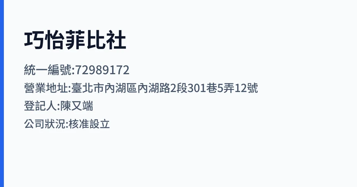 巧怡菲比社 - 統編 72989172(臺北市) 公司登記資料與營業項目詳細圖表