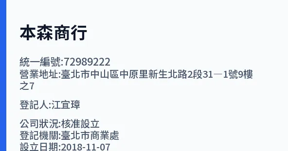 本森商行的照片-統編 72989222(臺北市) 公司登記資料與營業項目詳細圖表