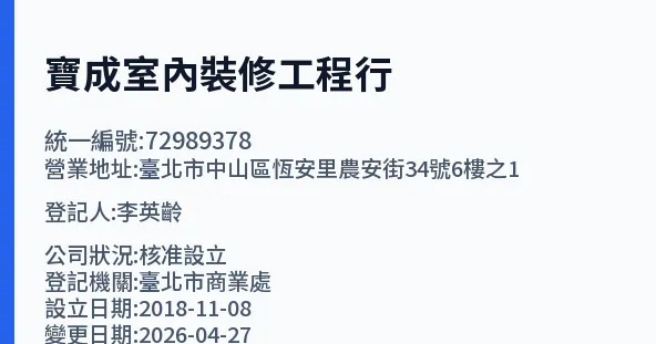 寶成室內裝修工程行的照片-統編 72989378(臺北市) 公司登記資料與營業項目詳細圖表
