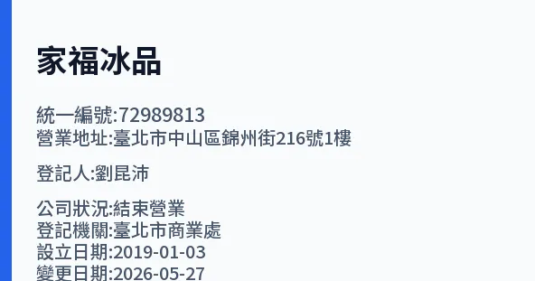 家福冰品的照片-統編 72989813(臺北市) 公司登記資料與營業項目詳細圖表