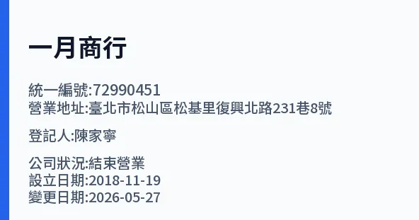 一月商行的照片-統編 72990451(臺北市) 公司登記資料與營業項目詳細圖表