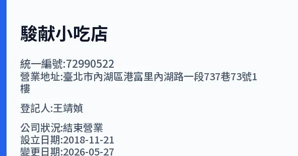 駿献小吃店的照片-統編 72990522(臺北市) 公司登記資料與營業項目詳細圖表